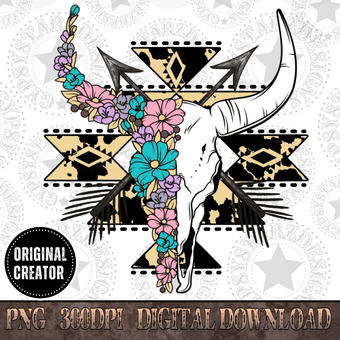Cow Print Aztec Western Bull Skull Png, Western PNG, Western PNG, Png ...