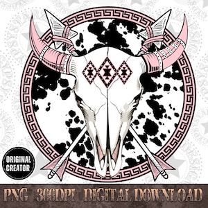 Cow Print Aztec Bull Skull PNG, Western Boho Design (digital Download ...