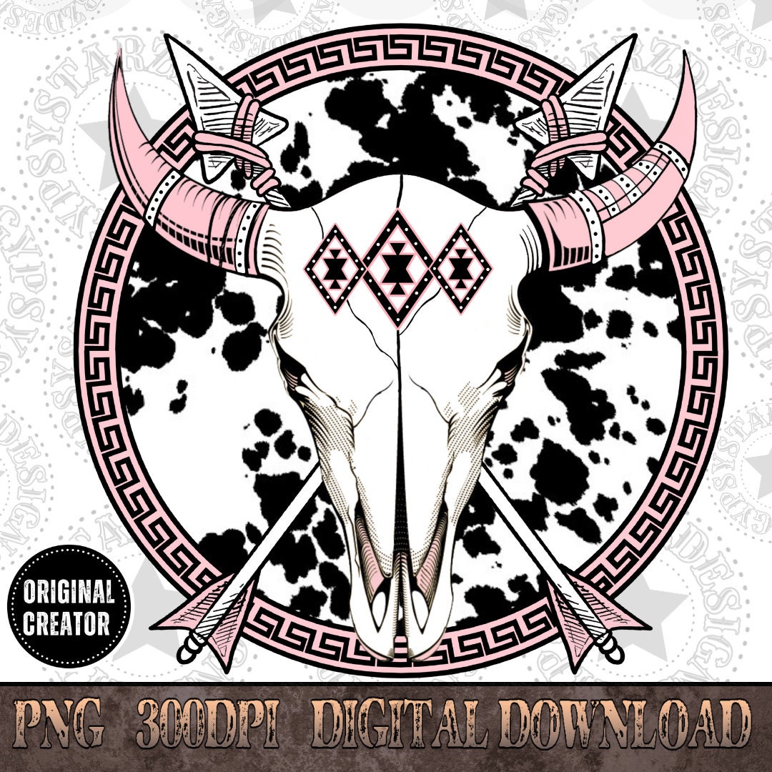Cow Print Aztec Bull Skull PNG, Western Boho Design (digital Download ...
