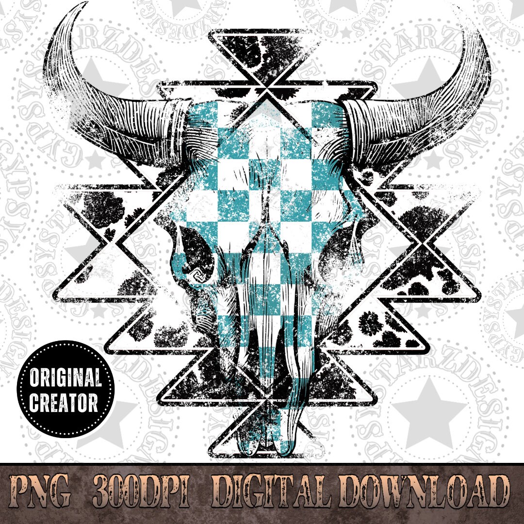 Distressed Cow Print Aztec Western Bull Skull Png, Western PNG, Png ...