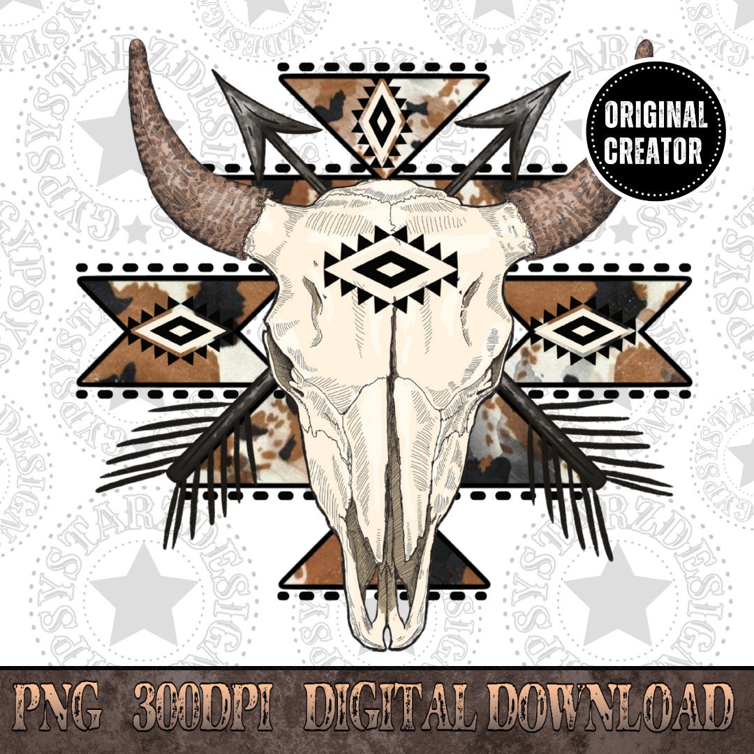 Original Creator Cow Print Aztec Western Bull Skull Png, Western PNG ...