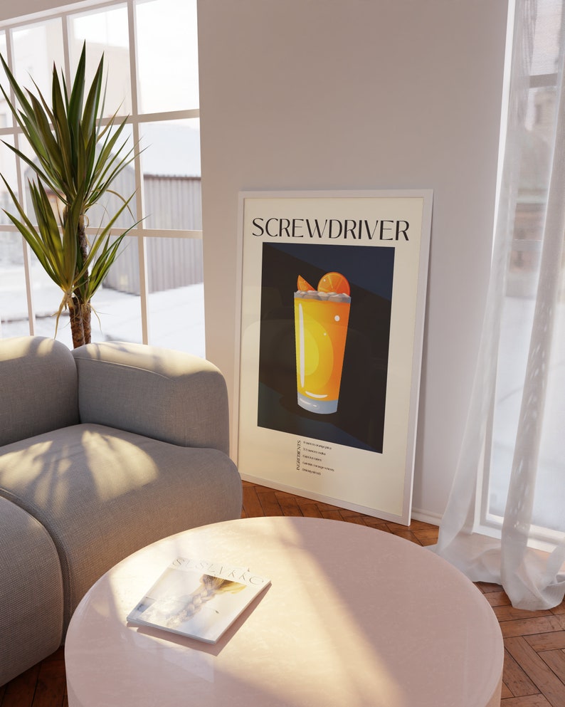 Screwdriver Cocktail Art Print, Bar Cart Wall Decor, Retro Cocktail ...