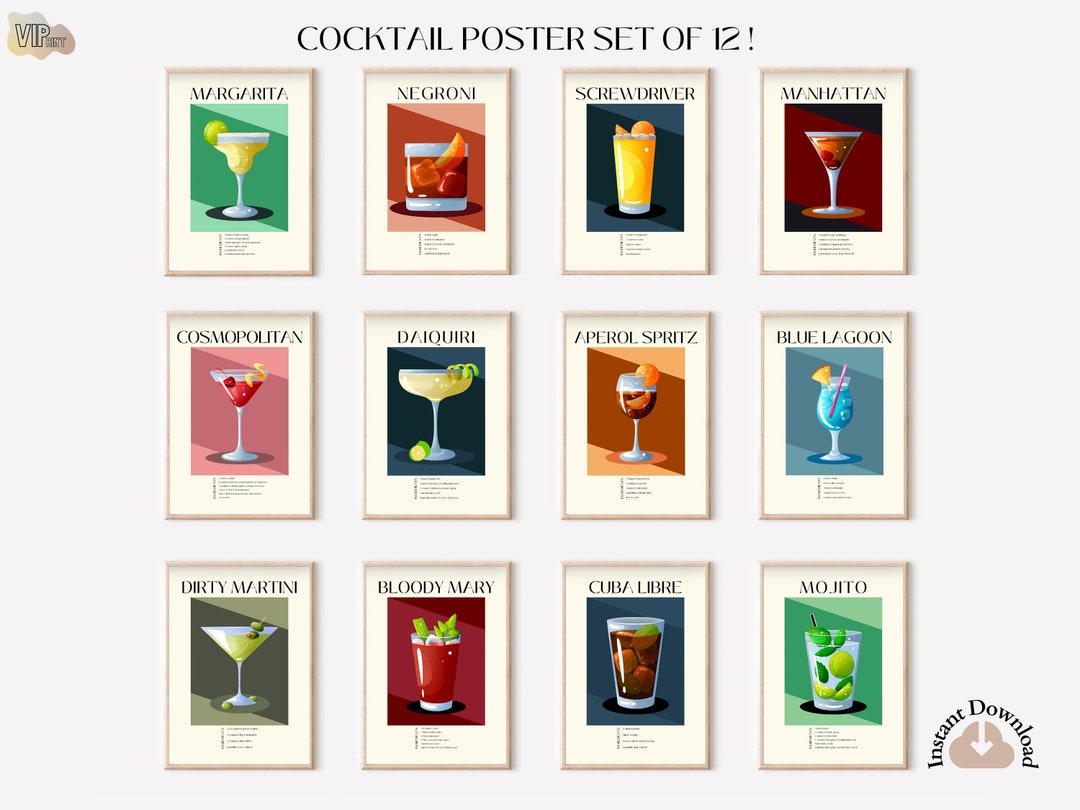 Retro Cocktail Prints: Bar Cart Wall Art Set (digital Download) - Etsy