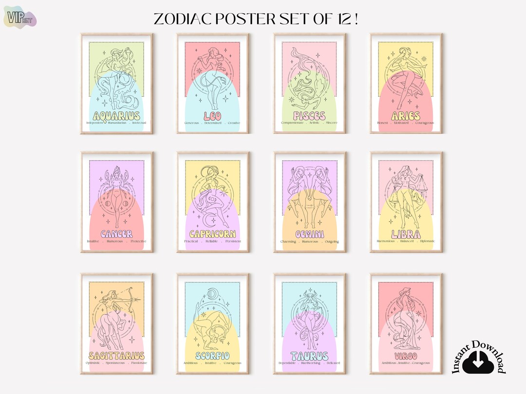 Zodiac Wall Art Print Poster Set of 12, Aesthetic Astrology Posters ...