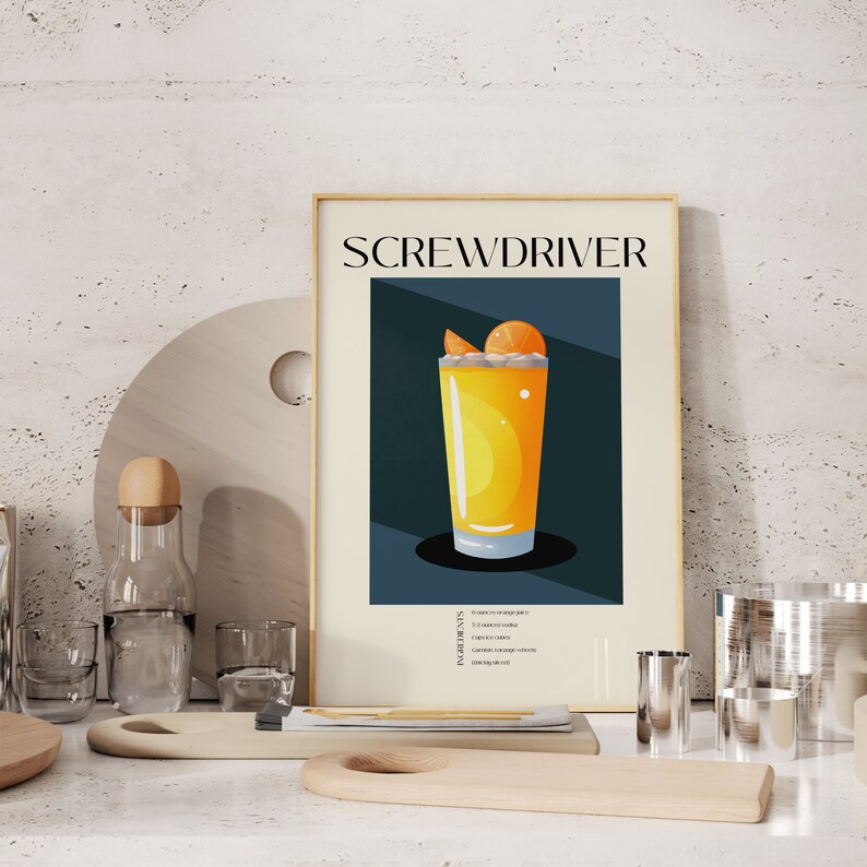 Screwdriver Cocktail Recipe Art Print, Retro Bar Cart Decor (digital ...