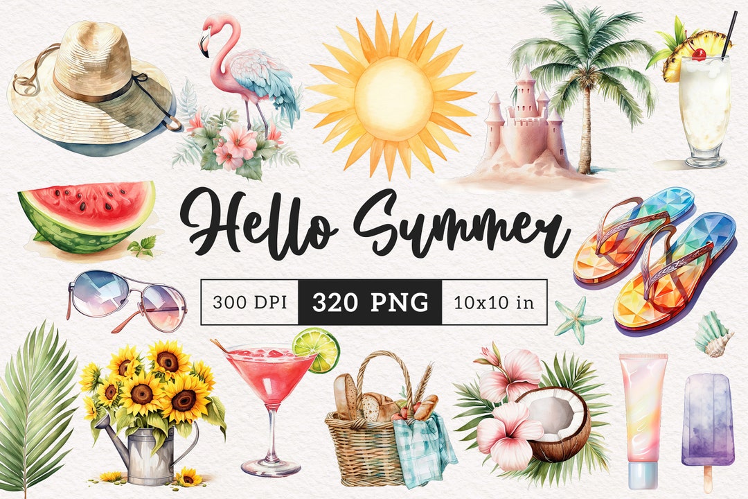 Watercolor Summer Clipart PNG Nautical Hello Summer Tropical Beach ...