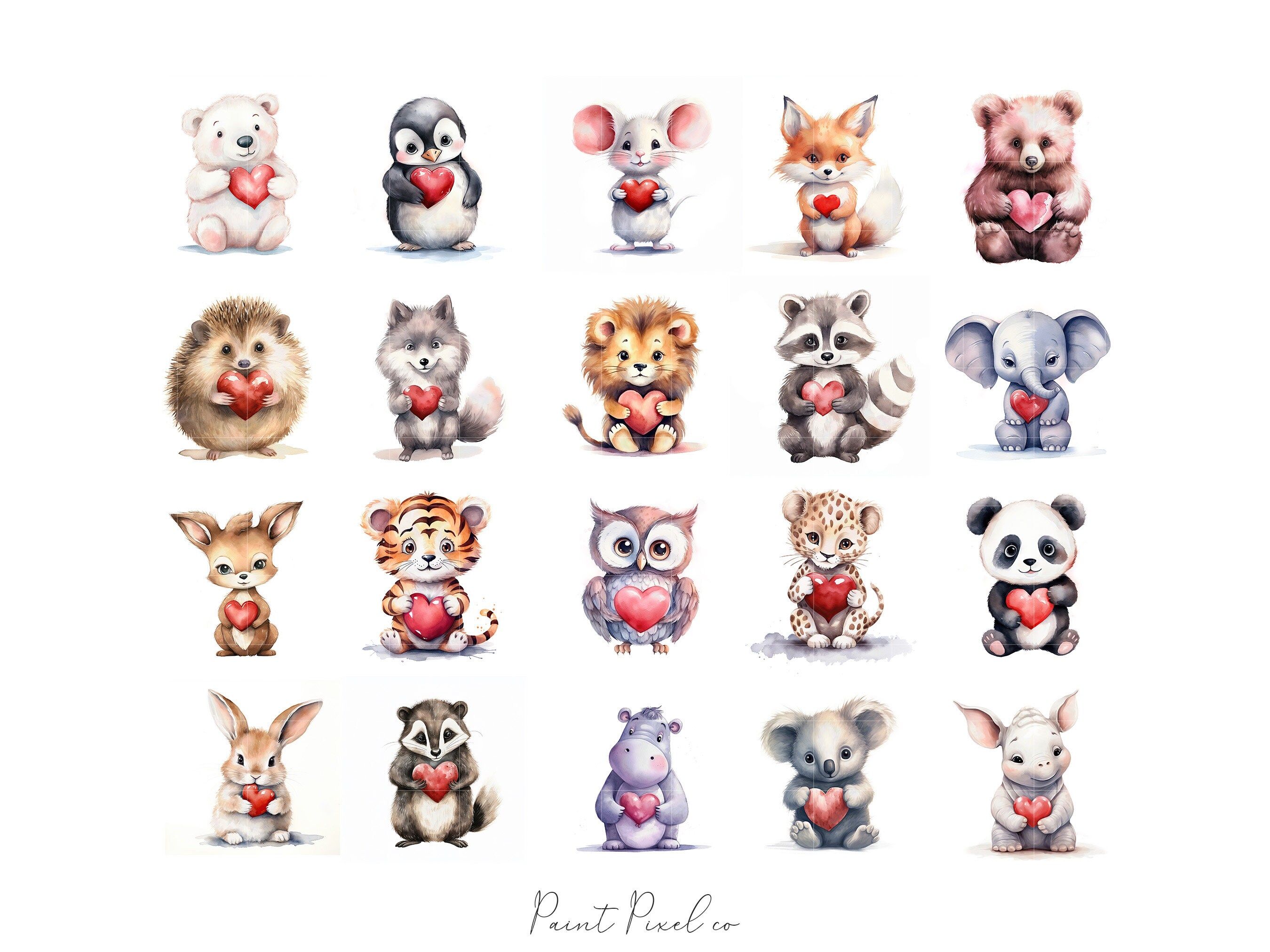 20 Valentine Animal Clipart High Quality Jpgs Watercolor Hearts Clip ...
