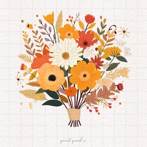 4 Autumn Bouquet Clipart Boho Fall PNG Watercolor Floral Graphics ...
