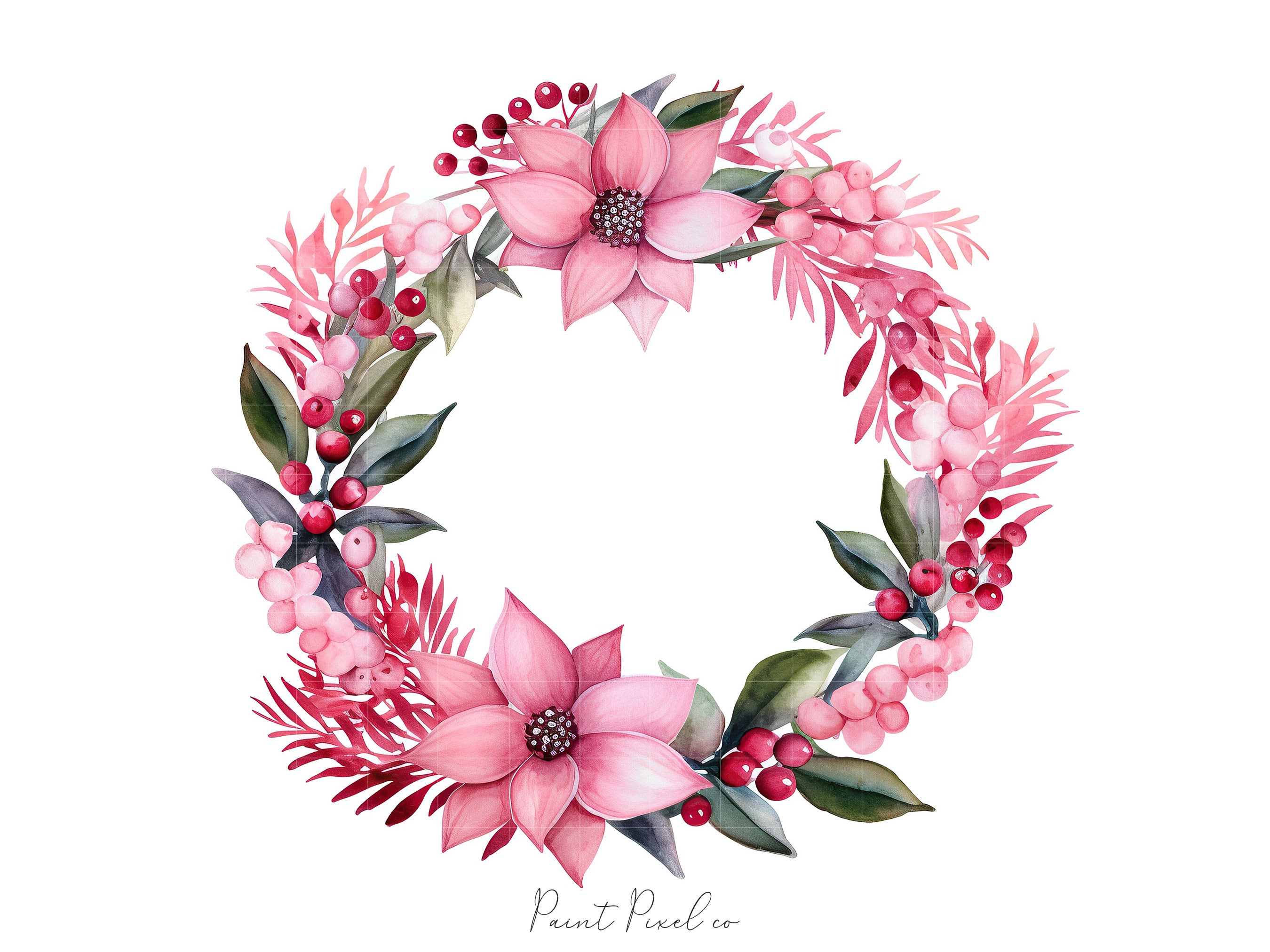 8 Pink Christmas Wreath Clipart High Quality Jpgs Watercolor Clip Art ...