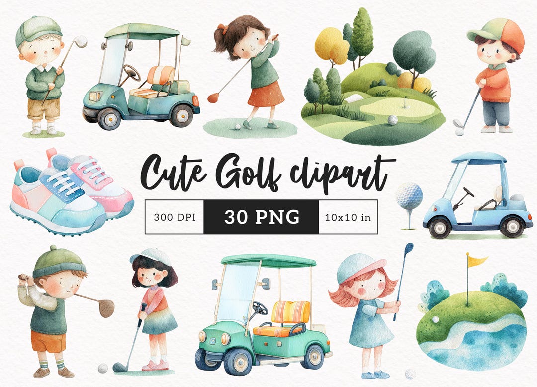 Cute Golf Clipart Watercolor Golf Equipment PNG Cute Kids Golfcart ...