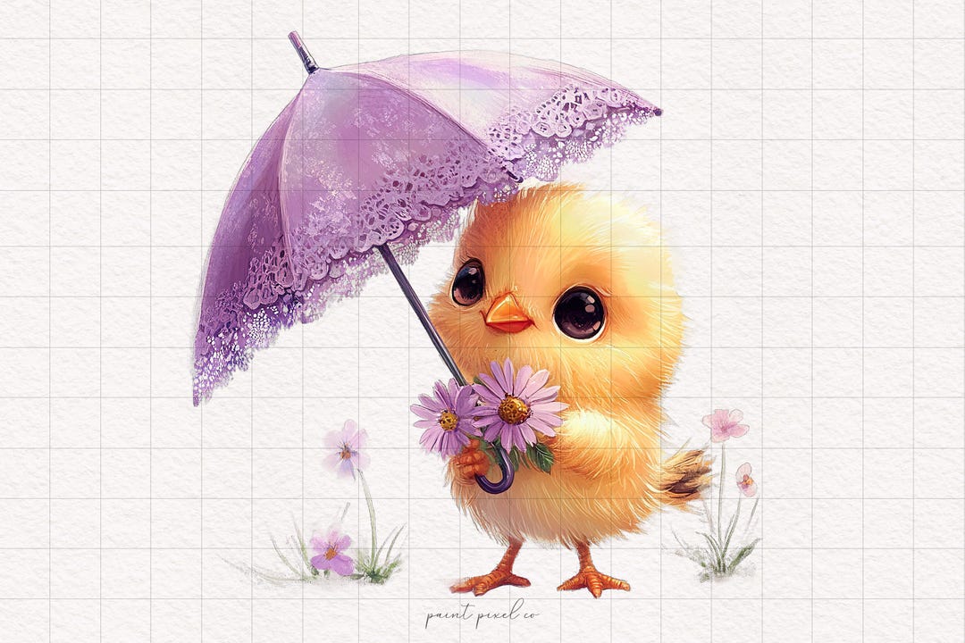 18 Cute Spring Chick PNG Baby Chicken With Umbrella Watercolor Spring ...
