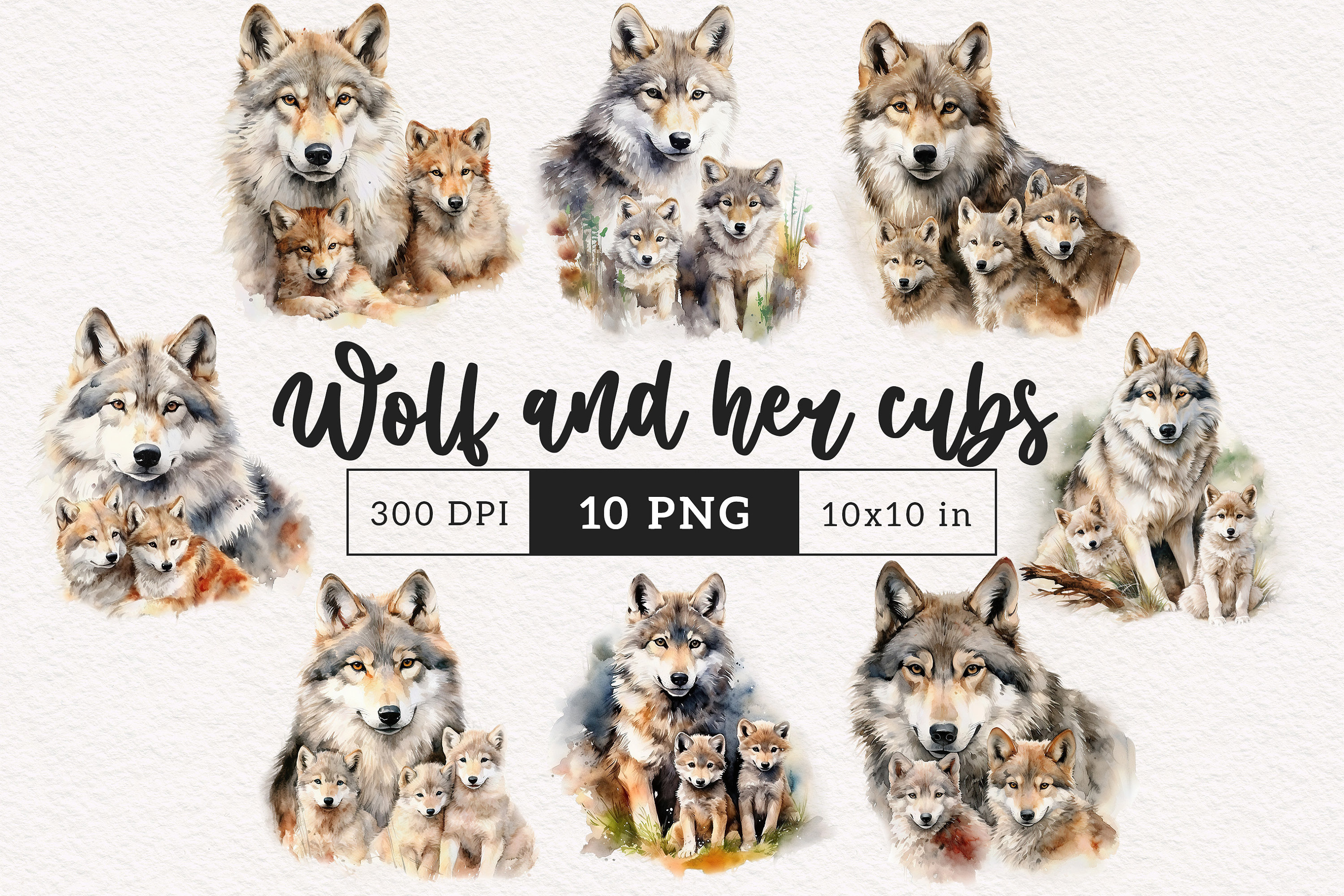 Wolf and Cubs Clipart PNG Bundle Watercolor Mother Wolves Sublimation ...