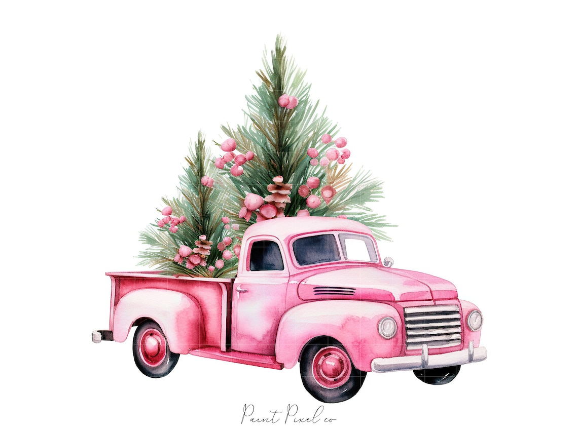 10 Pink Christmas Truck Clipart High Quality Jpgs Watercolor Clip Art ...