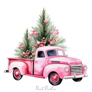 10 Pink Christmas Truck Clipart High Quality Jpgs Watercolor Clip Art ...