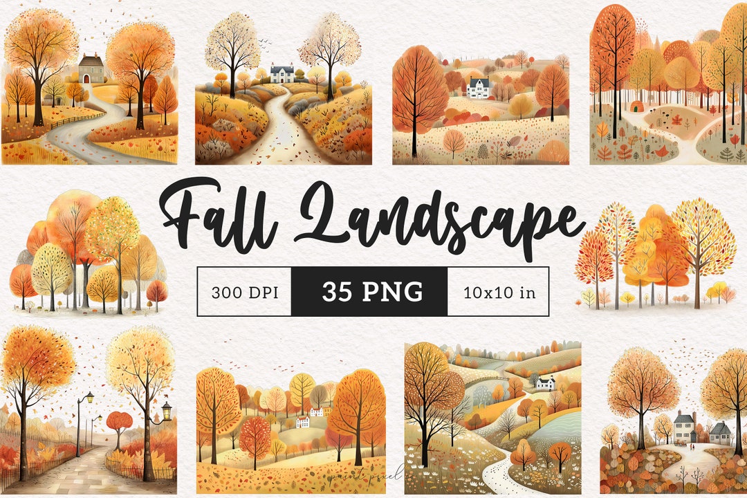 Autumn Landscape Clipart Boho Fall Scenery PNG Watercolor Cozy ...