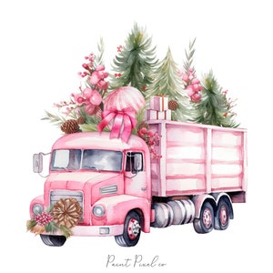 10 Pink Christmas Truck Clipart High Quality Jpgs Watercolor Clip Art ...