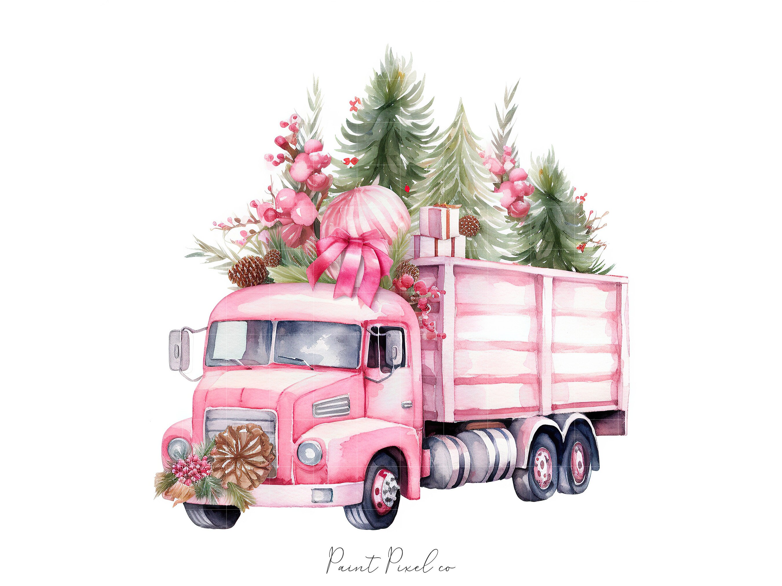 10 Pink Christmas Truck Clipart High Quality Jpgs Watercolor Clip Art ...