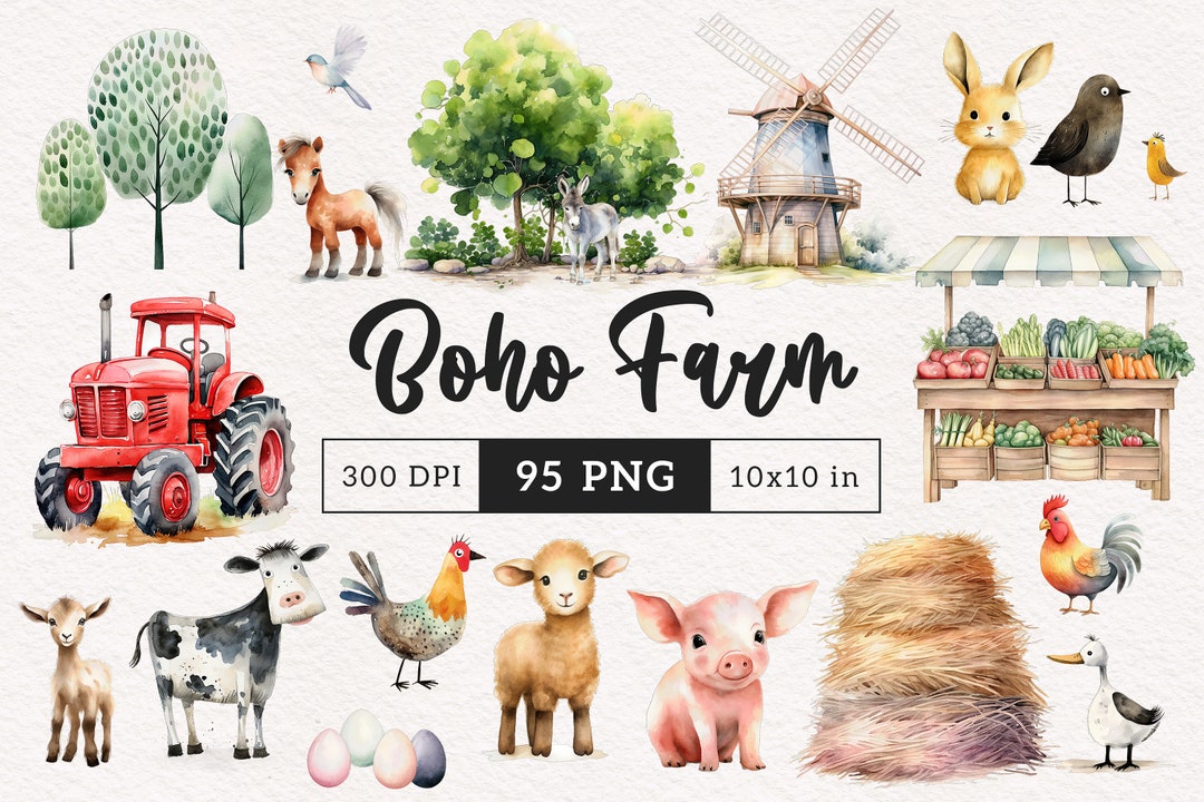Boho Farm Animals PNG Clipart Watercolor Barn Animals Cow PNG Pig ...
