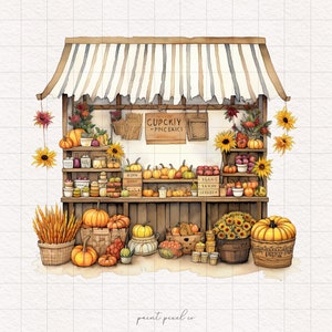 4 Autumn Market Stall Clipart Boho Fall PNG Watercolor Autumn Scene ...