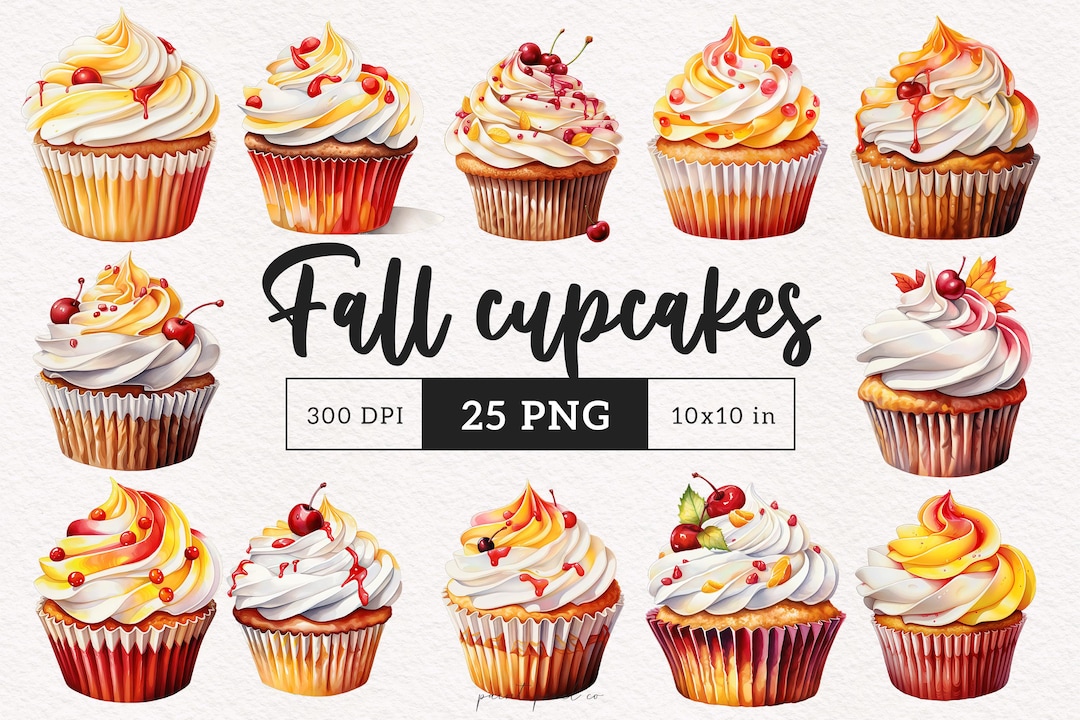 Autumn Cupcake Clipart Dessert PNG Watercolor Boho Fall Sweet Treats ...