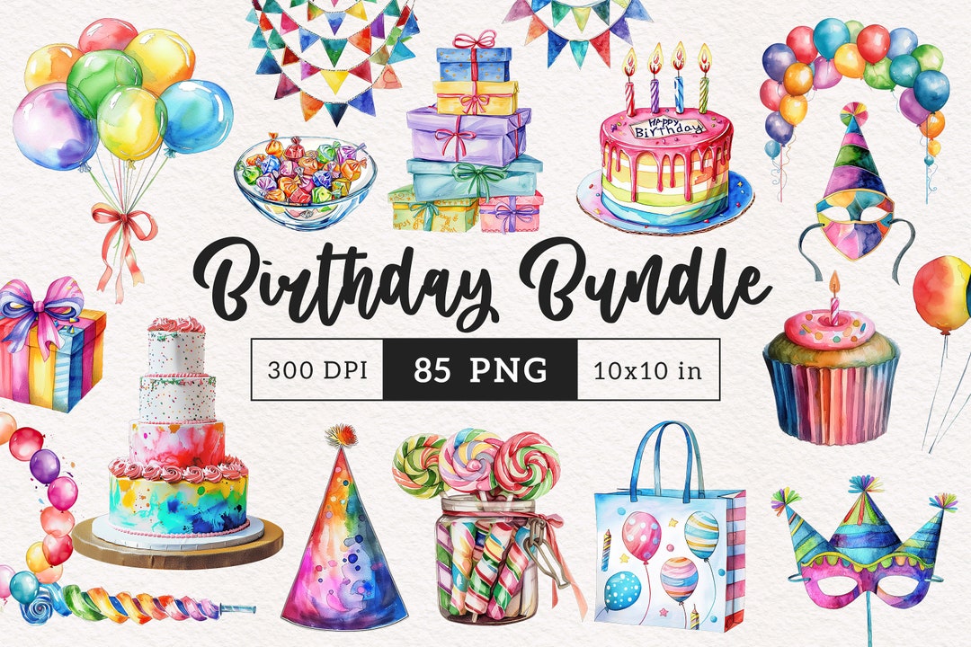 Happy Birthday Clipart PNG Rainbow Party Items Balloons Gift Box ...