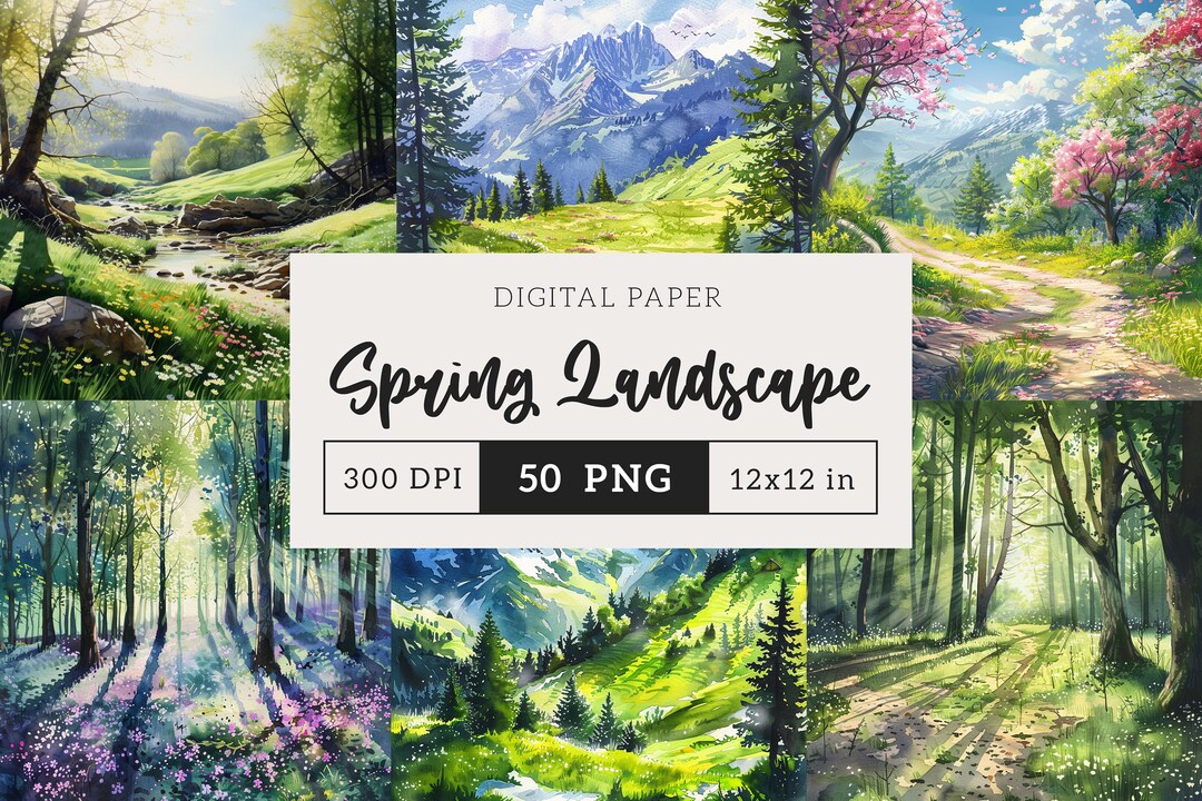 Fresh Spring Digital Paper Set PNG Bundle Spring Landscape Sublimation ...