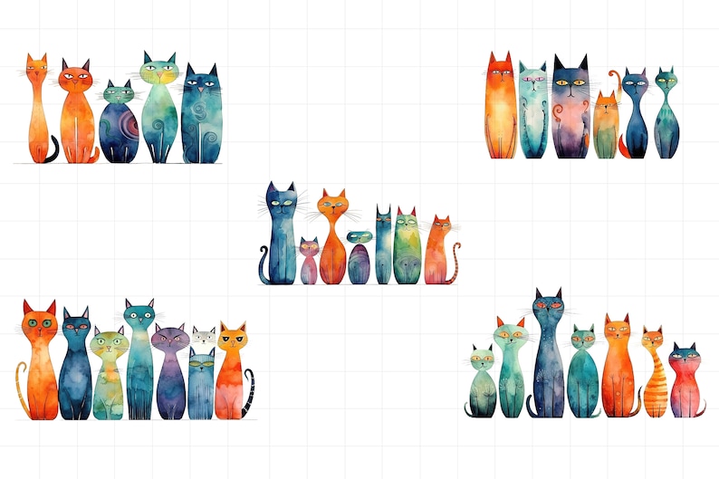 Whimsical Clipart PNG Bundle Watercolor Quirky Creatures Elongated Cat ...
