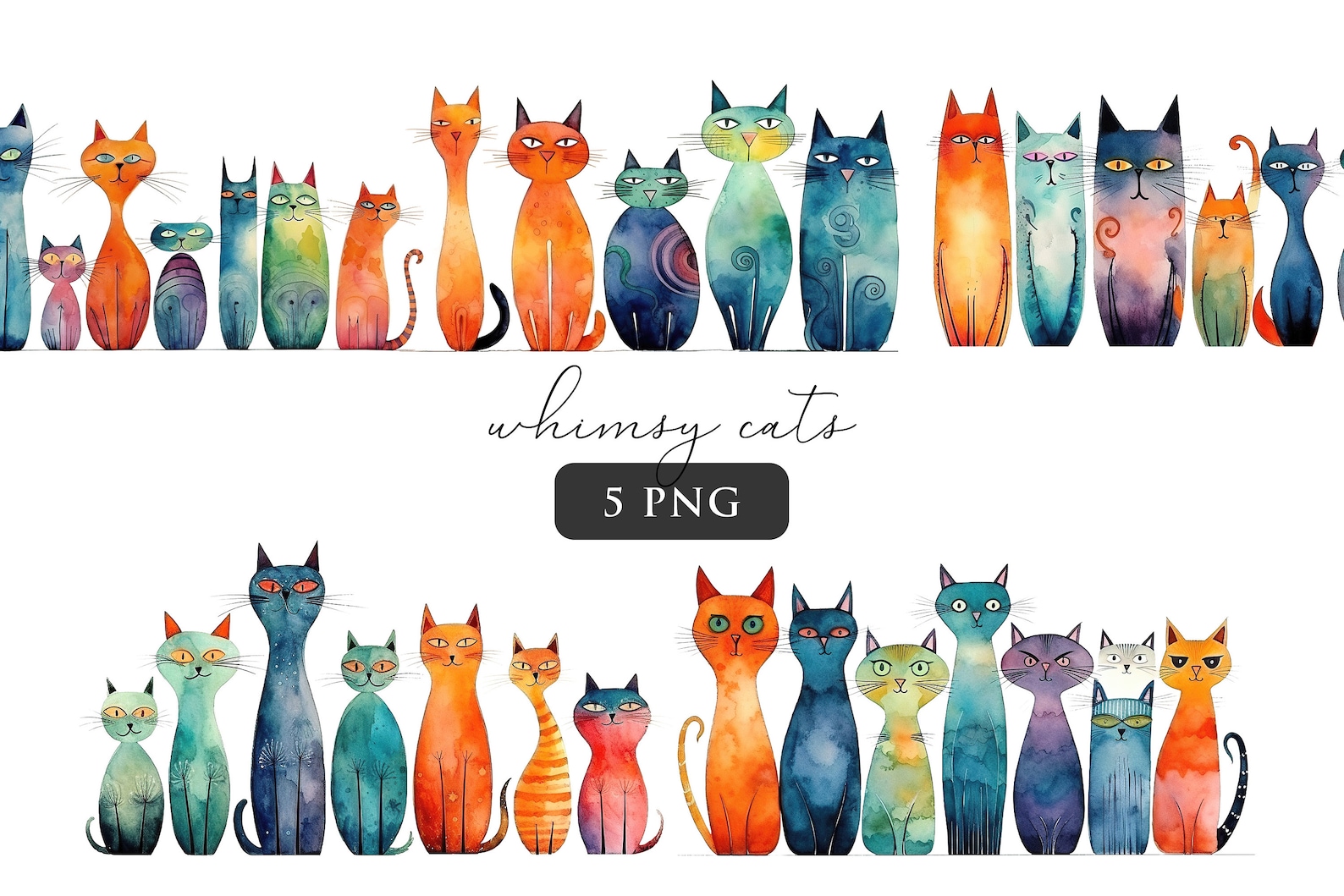 Whimsical Cats Clipart PNG Bundle Watercolor Quirky Kitten Whimsy ...