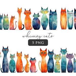 Whimsical Cats Clipart PNG Bundle Watercolor Quirky Kitten Whimsy ...
