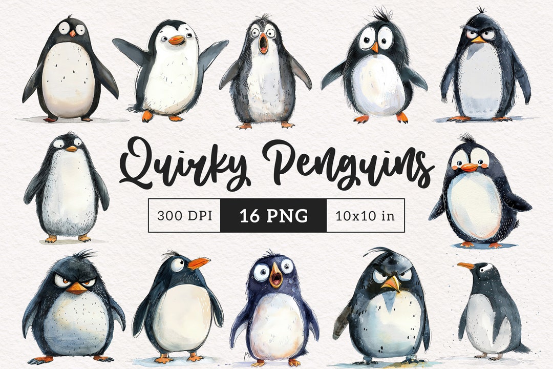 Quirky Penguin Clipart Funny Winter Birds Arctic Whimsical Watercolor ...