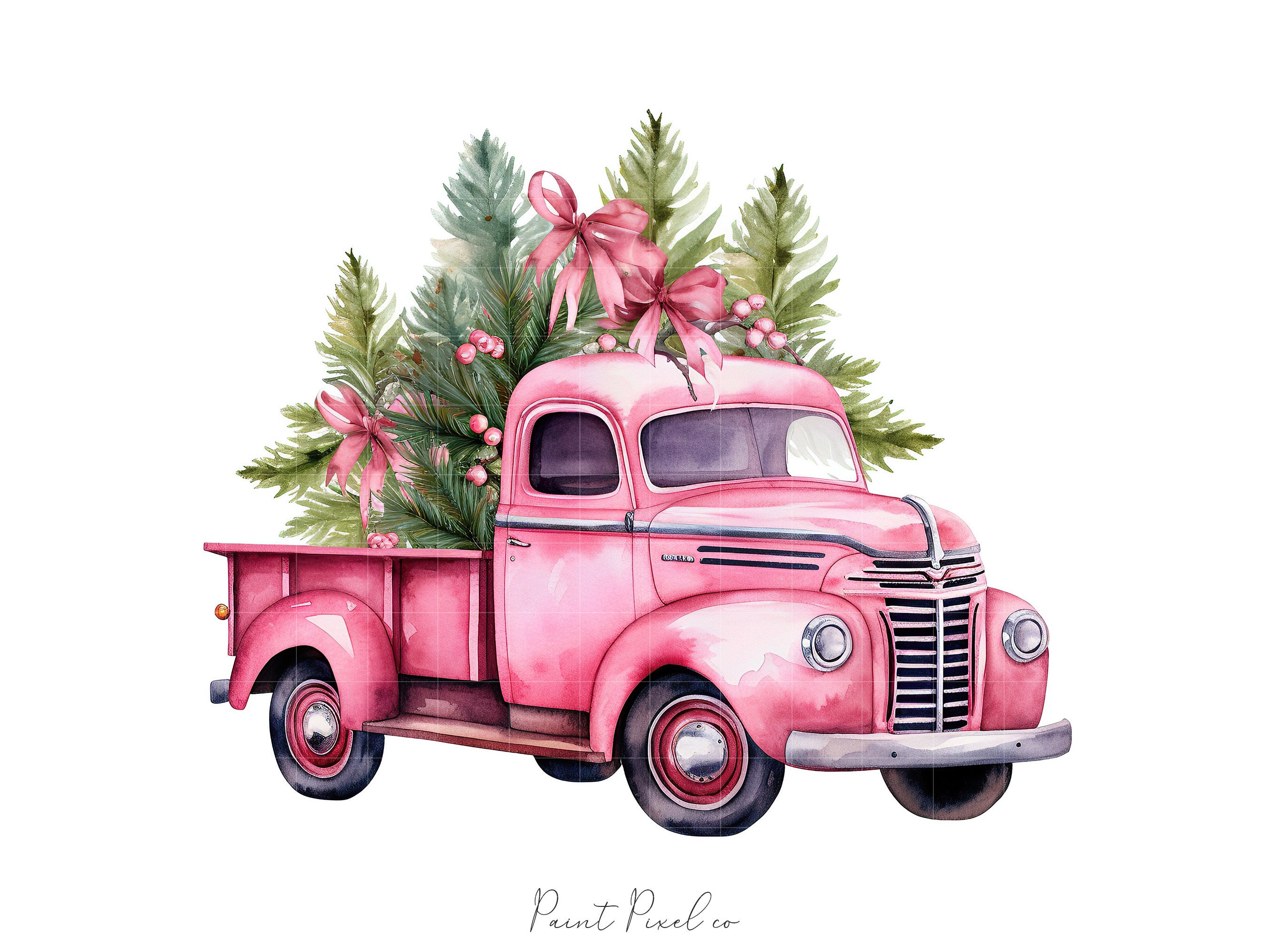 10 Pink Christmas Truck Clipart High Quality Jpgs Watercolor Clip Art ...