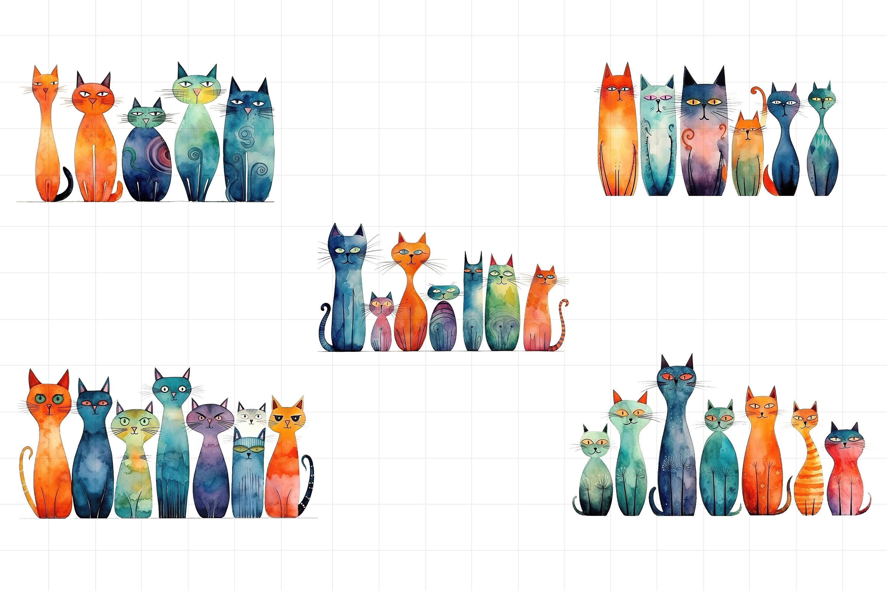 Whimsical Cats Clipart PNG Bundle Watercolor Quirky Kitten Whimsy ...