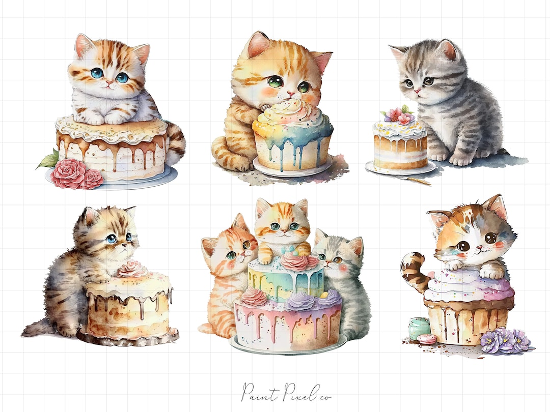 Cat Clipart Cat Png Birthday Cake Clipart Watercolor Graphics Pet ...
