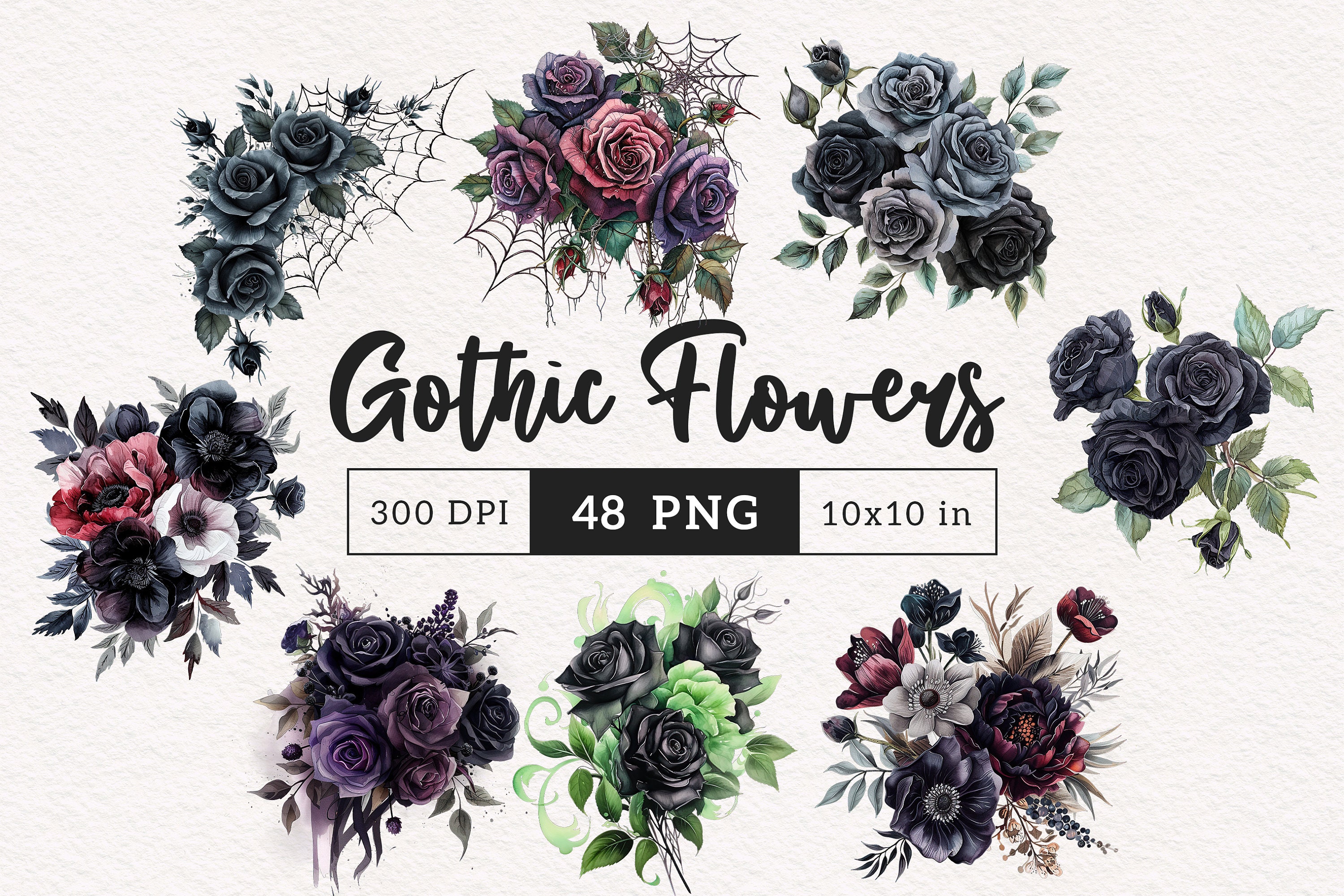 Watercolor Gothic Flowers Clipart PNG Dark Roses Scary Flowers ...