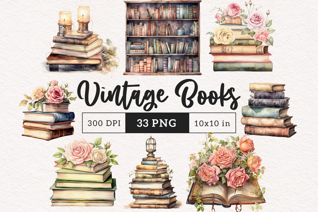 Vintage Book Clipart Books PNG Retro Floral Books Stack Library Old ...