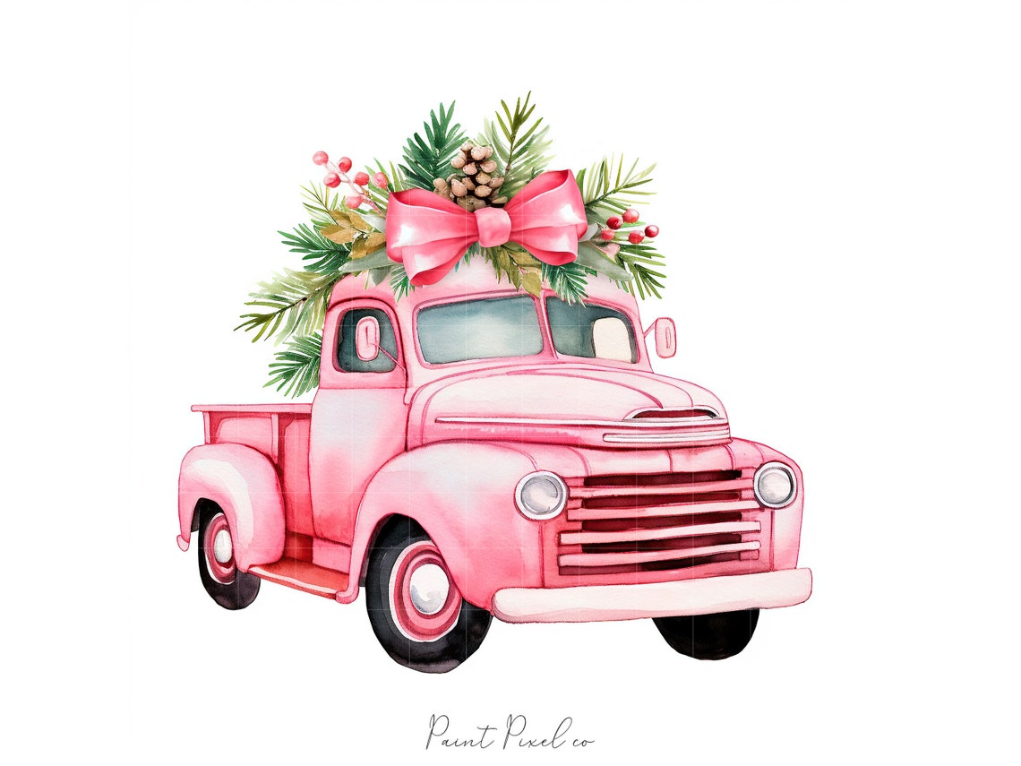 10 Pink Christmas Truck Clipart High Quality Jpgs Watercolor Clip Art ...