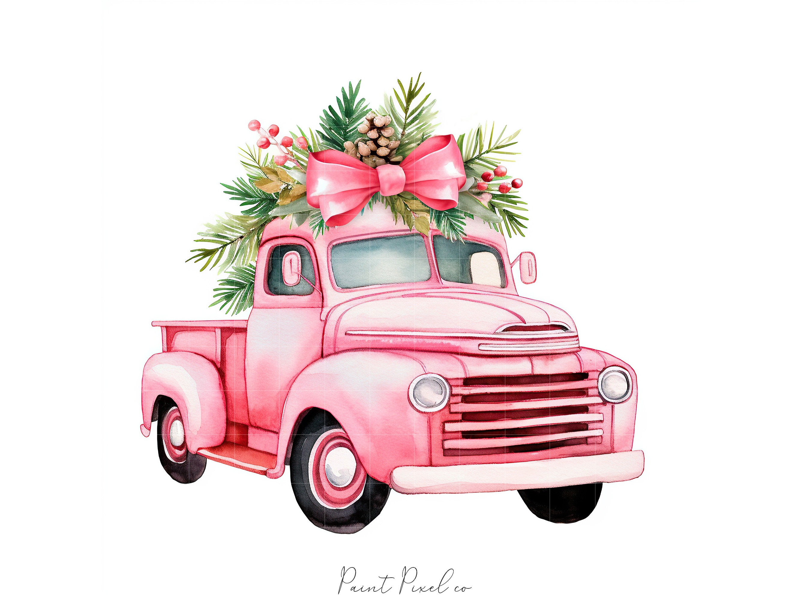10 Pink Christmas Truck Clipart High Quality Jpgs Watercolor Clip Art ...