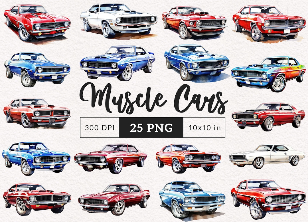 Watercolor Muscle Cars Clipart Automotive Classic American Muscle Car ...