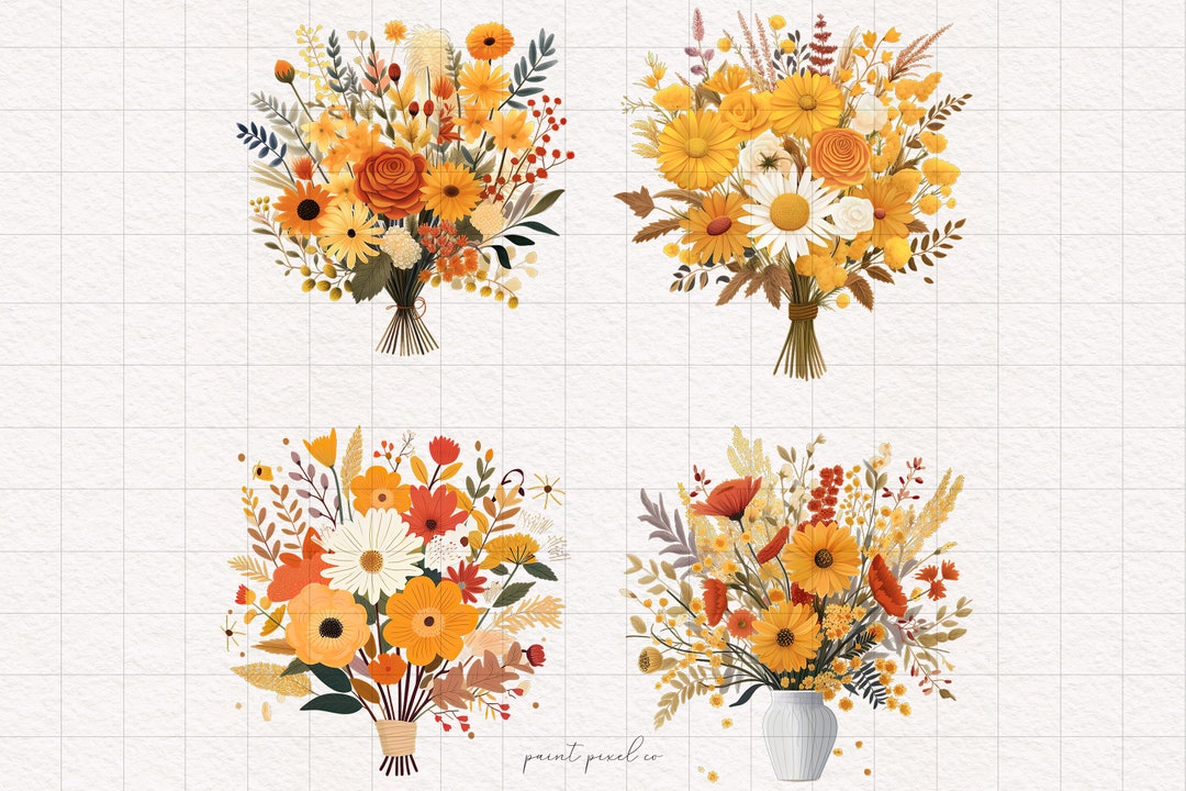 4 Autumn Bouquet Clipart Boho Fall PNG Watercolor Floral Graphics ...
