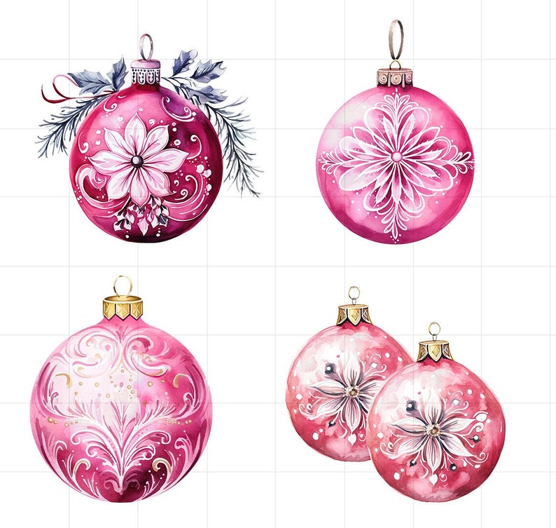 Pink Christmas Ornaments Clipart PNG Holiday Clip Art Cute - Etsy