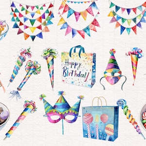 Happy Birthday Clipart PNG Rainbow Party Items Balloons Gift Box ...