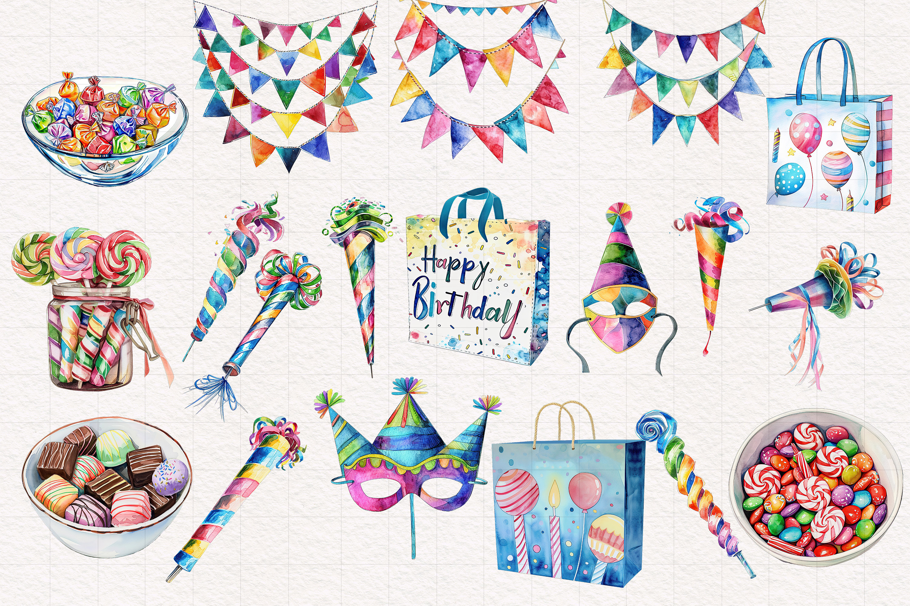 Happy Birthday Clipart PNG Rainbow Party Items Balloons Gift Box ...