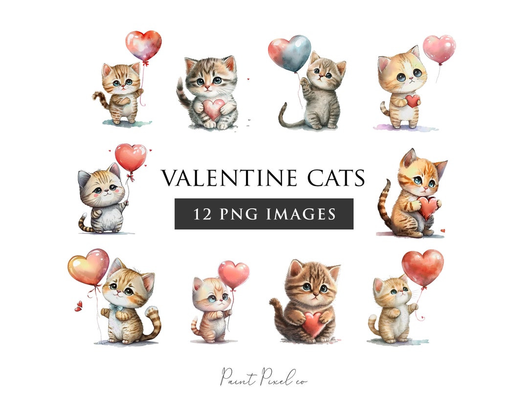 Valentine Cat Clipart PNG Heart Clipart Watercolor - Etsy UK
