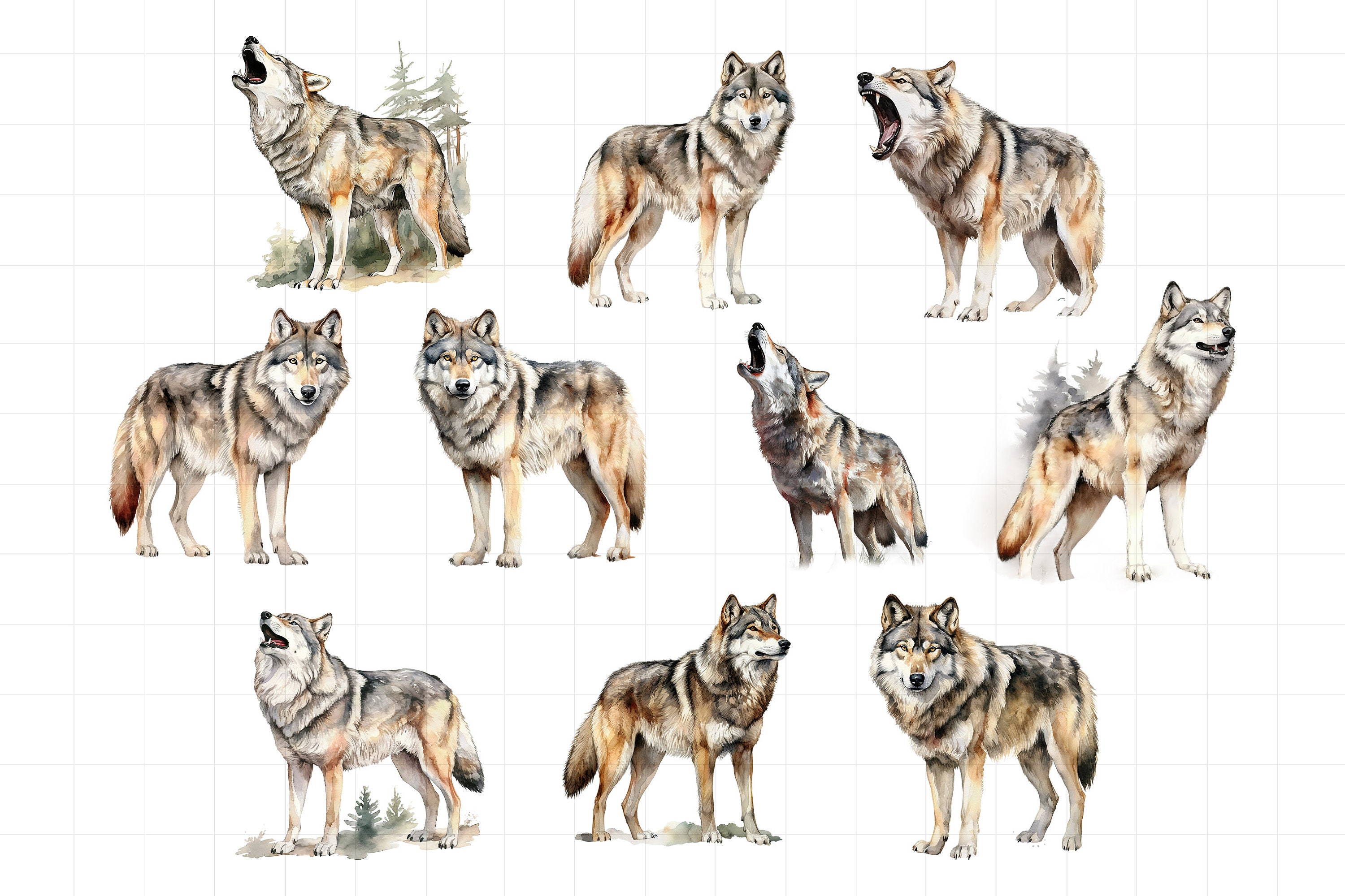 Wolf Clipart PNG Bundle Watercolor Wolves Howling Sublimation Transfer ...