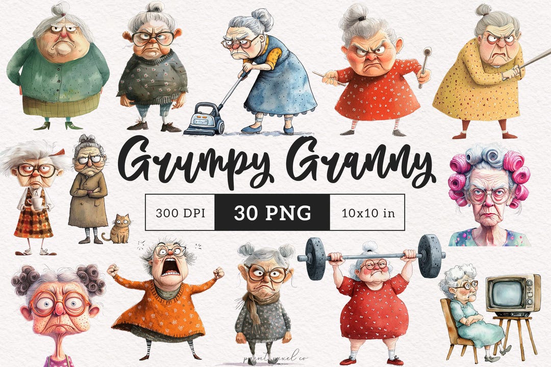 Grumpy Grandma Clipart Moody Granny PNG Whimsical Funny Cartoon Sassy ...