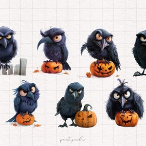 Grumpy Raven Clipart Raven on Pumpkin PNG Whimsical Black Birds ...