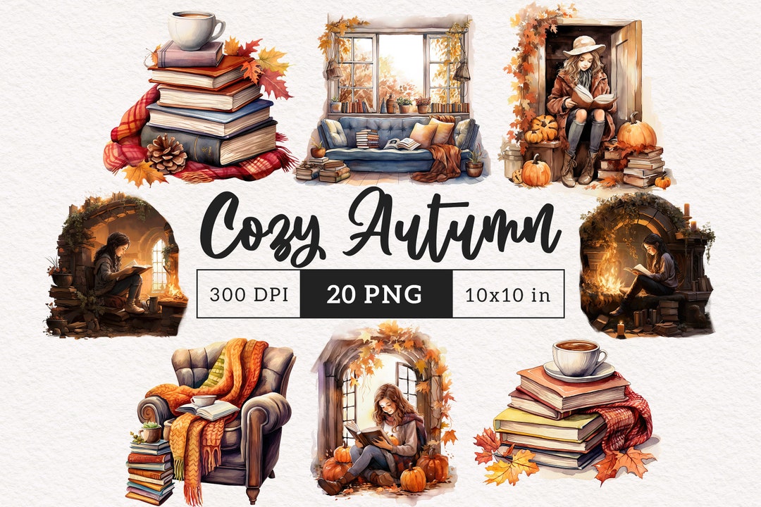 Autumn Cozy Book Clipart PNG Open Book Clip Art Book Lover Bookworm ...