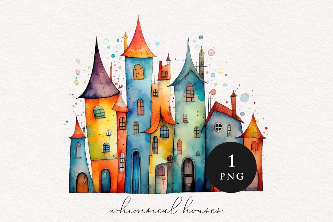 Whimsical Houses Clipart Png Watercolor Quirky Elongated Homes Whimsy