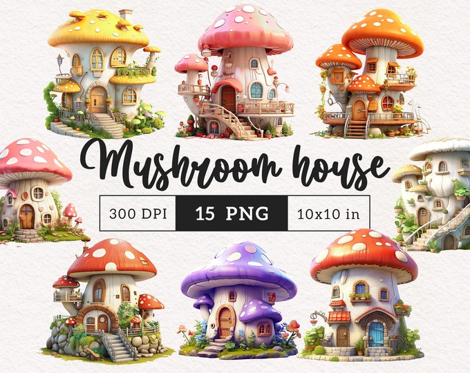 Toadstool House Clipart - Jpgs - Fantasy House Watercolor Clipart ...