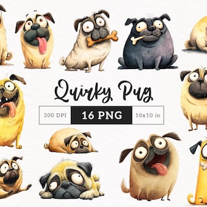 Quirky Pug Clipart Silly Dog PNG Whimsical Funny Pugs Sublimation Cute ...